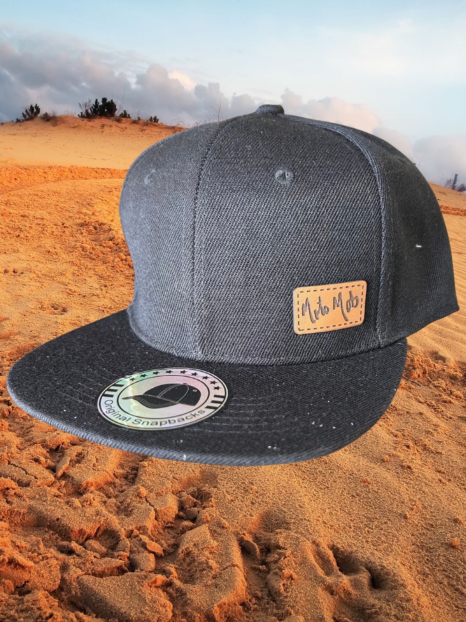 6 Inch Panel Snap Back Cap - Black with Leather Moto Mob Patch ...